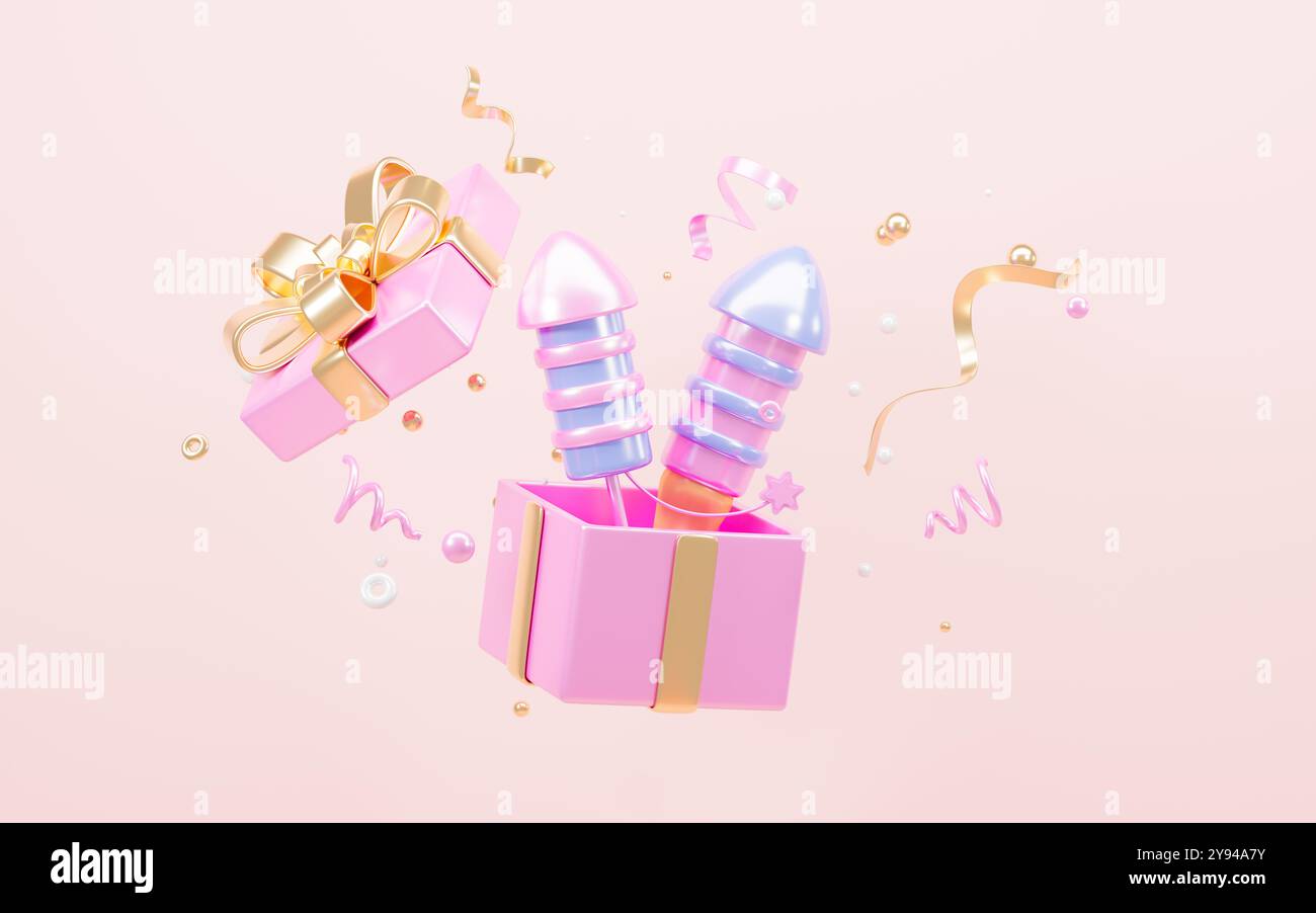 Cartoon firecracker and rocket with explosion confetti. Birthday ...