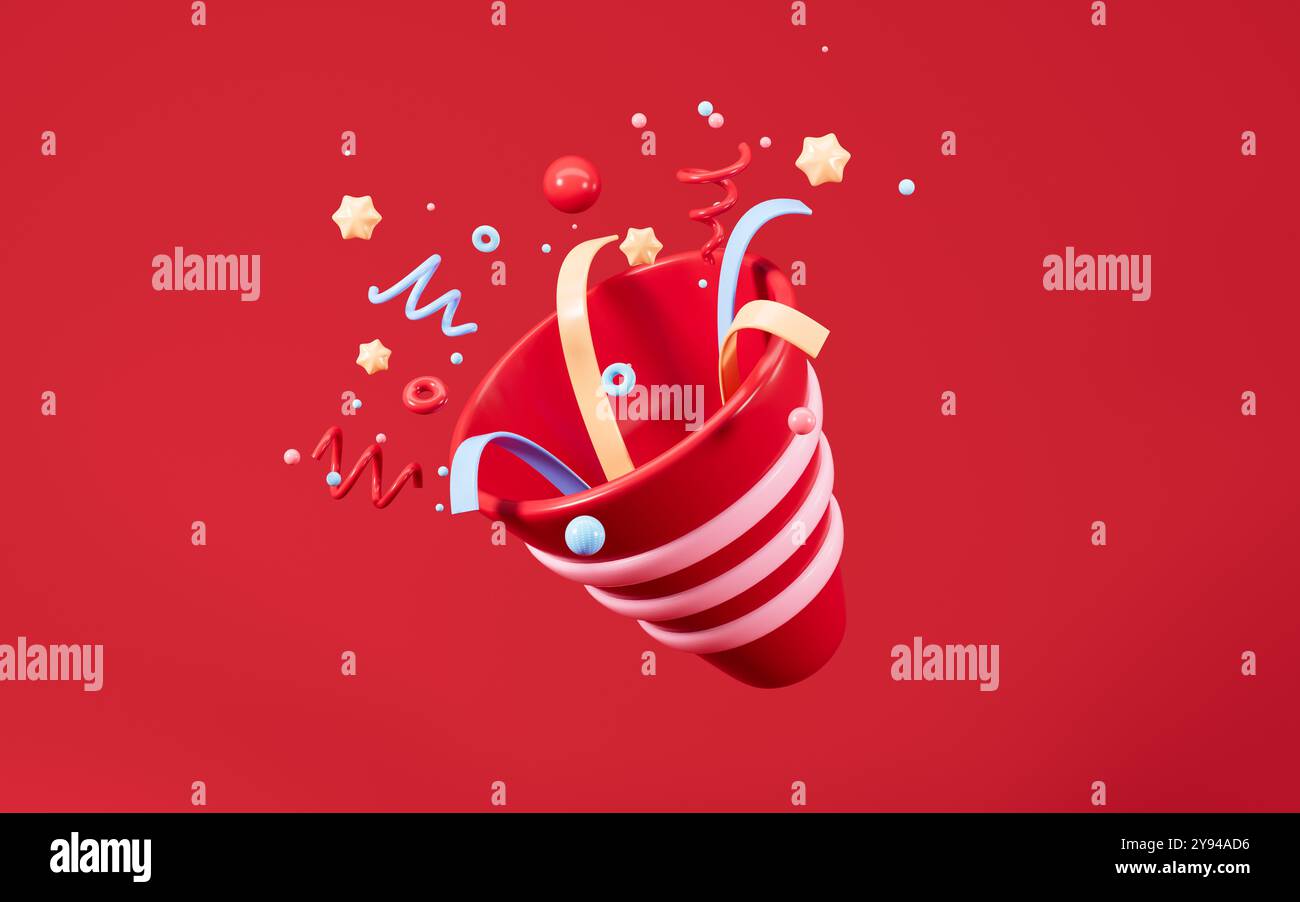 Cartoon firecracker and ribbons with explosion confetti. Birthday ...