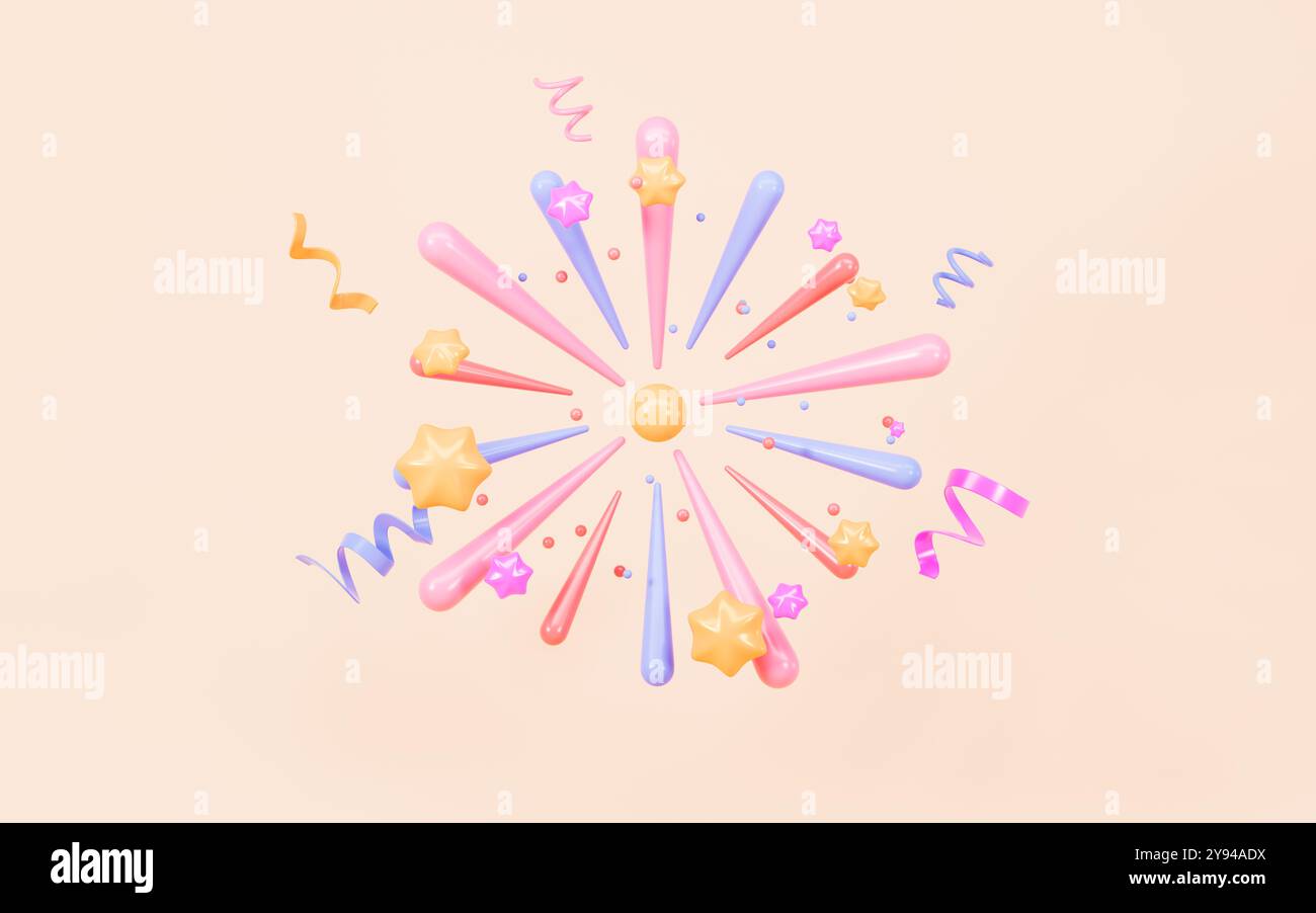 Cartoon firecracker and ribbons with explosion confetti. Birthday ...