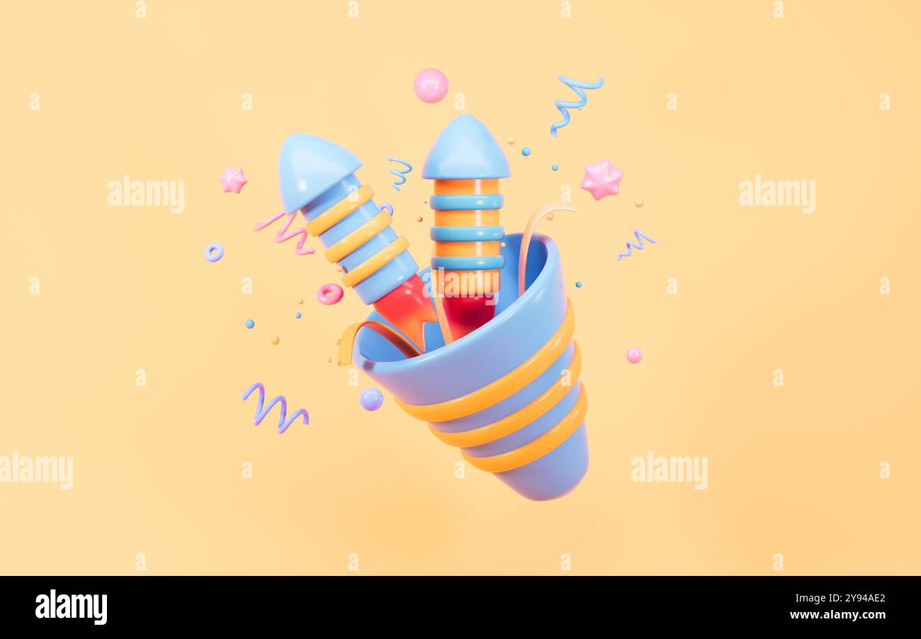 Cartoon firecracker and rocket with explosion confetti. Birthday ...