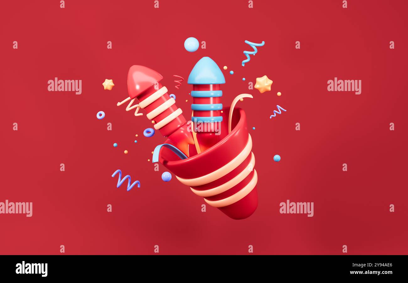 Cartoon firecracker and rocket with explosion confetti. Birthday ...