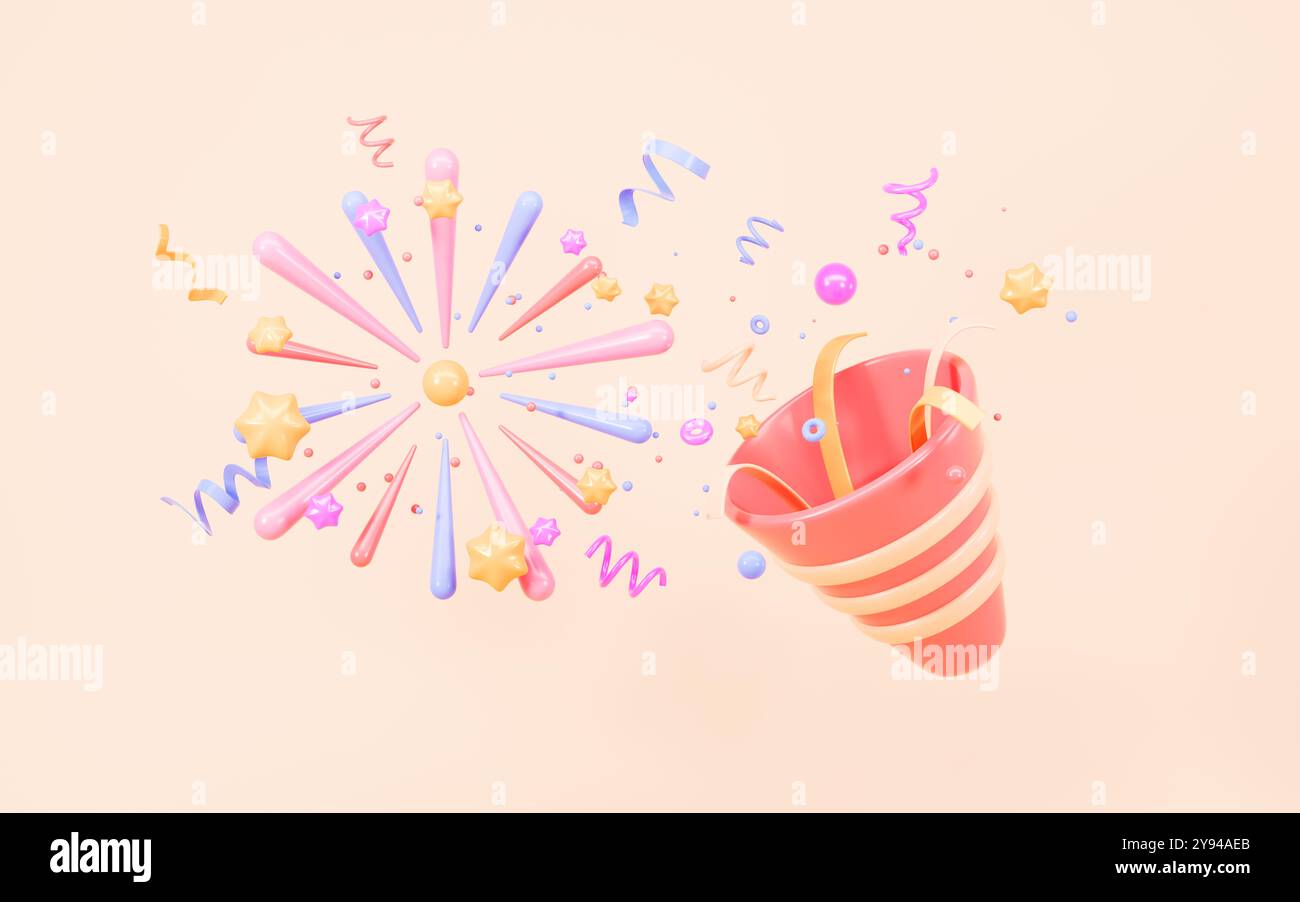 Cartoon firecracker and ribbons with explosion confetti. Birthday ...
