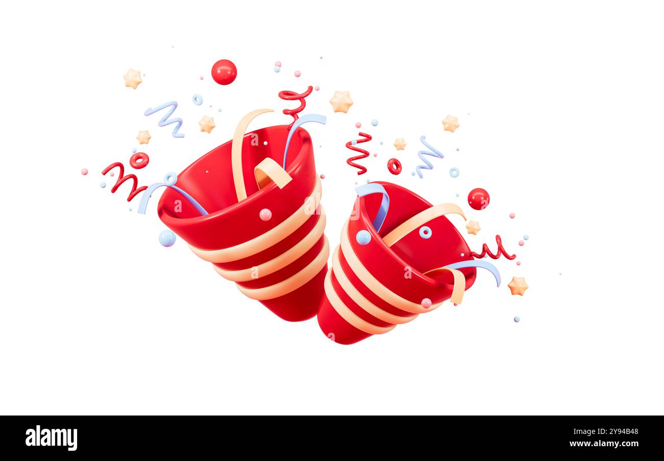 Cartoon firecracker and ribbons with explosion confetti. Birthday surprise, holiday and event ...