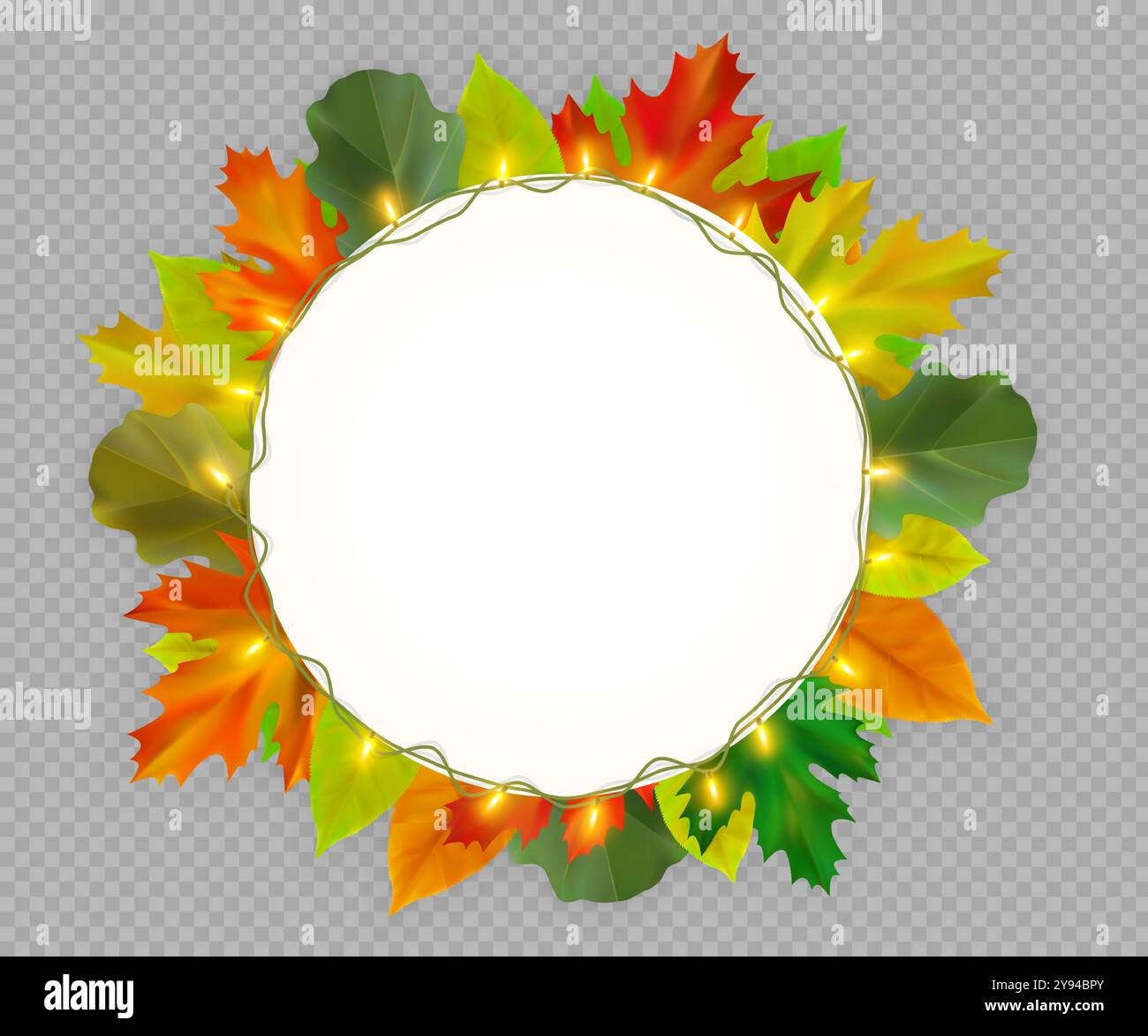 Fall card with realistic autumn leaves and lights garland on ...