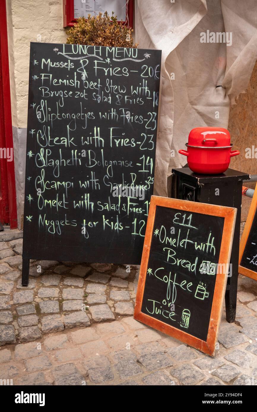 Belgium, Flanders, Bruges, Wijngaardplein, menu chalkboard outside ...