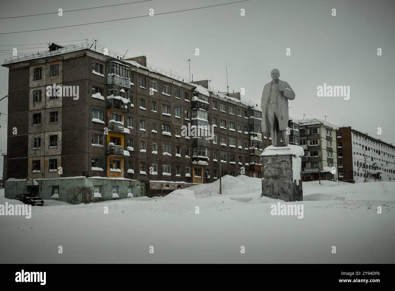 The ghost-town of Vorkuta, Russia, with socialism era building, snow ...