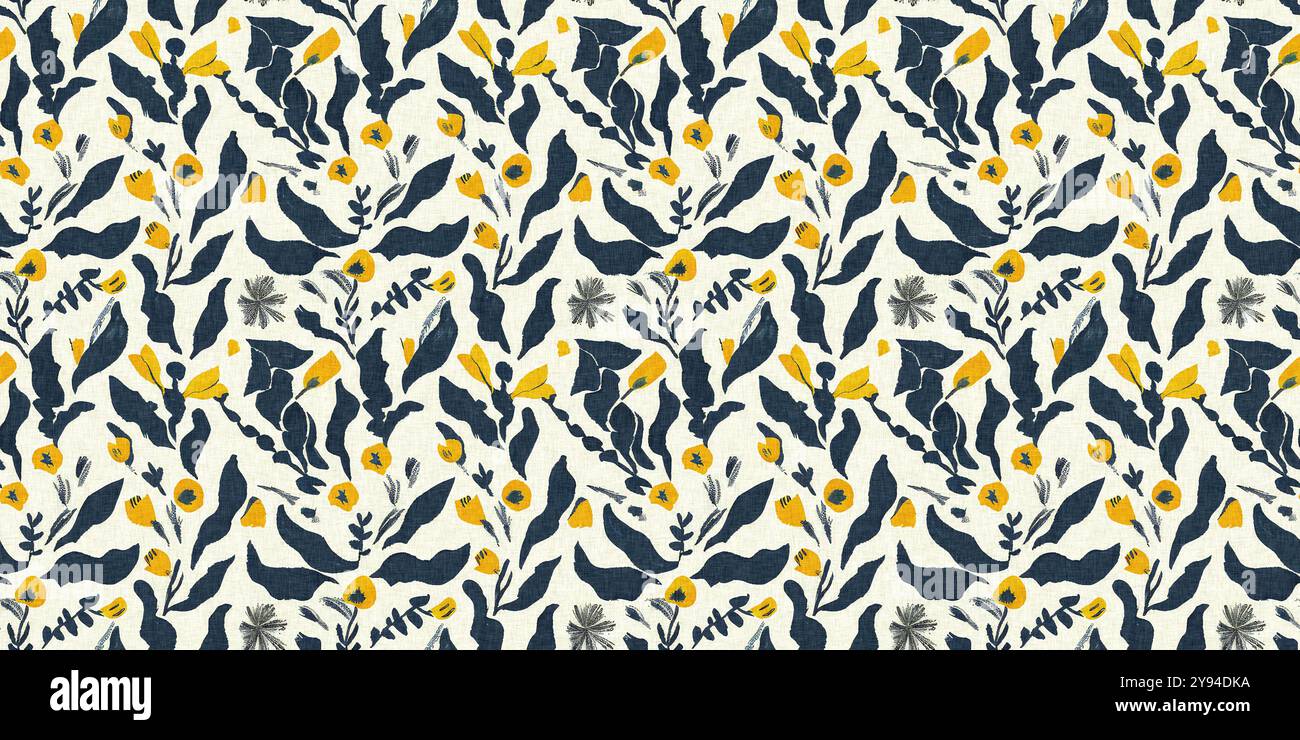 Modern printed fabric flower block print pattern with linen texture ...