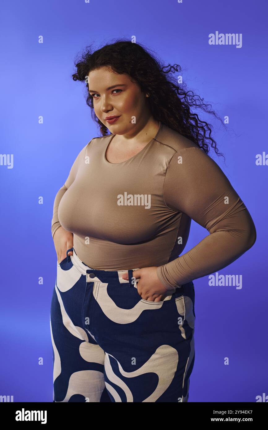 A confident plus size woman stands proudly with hands on hips in unique ...