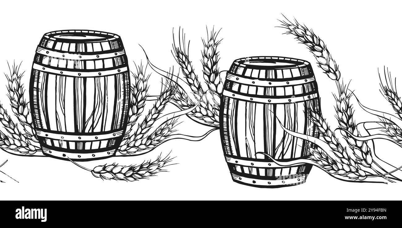 vector border with wooden barrel for wine, beer, whiskey and ears of ...