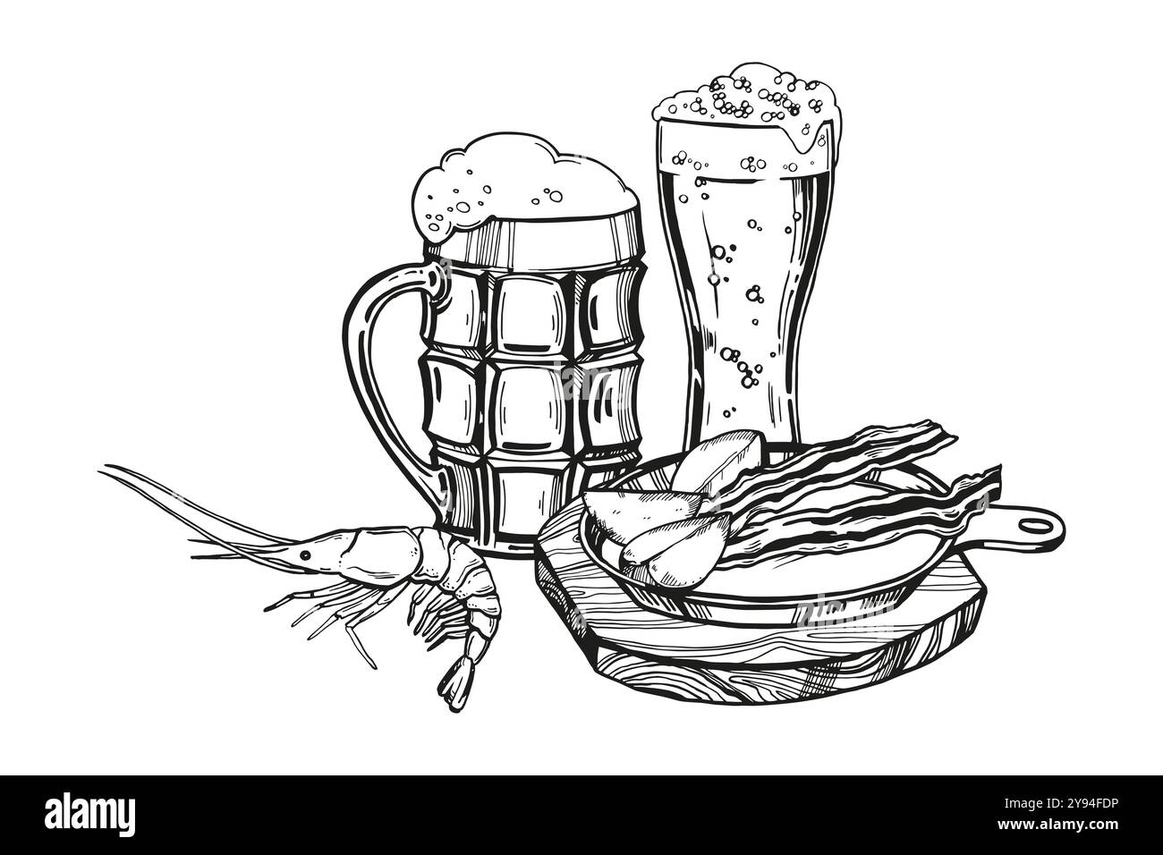 vector illustration of beer snacks, hand drawn composition with two ...