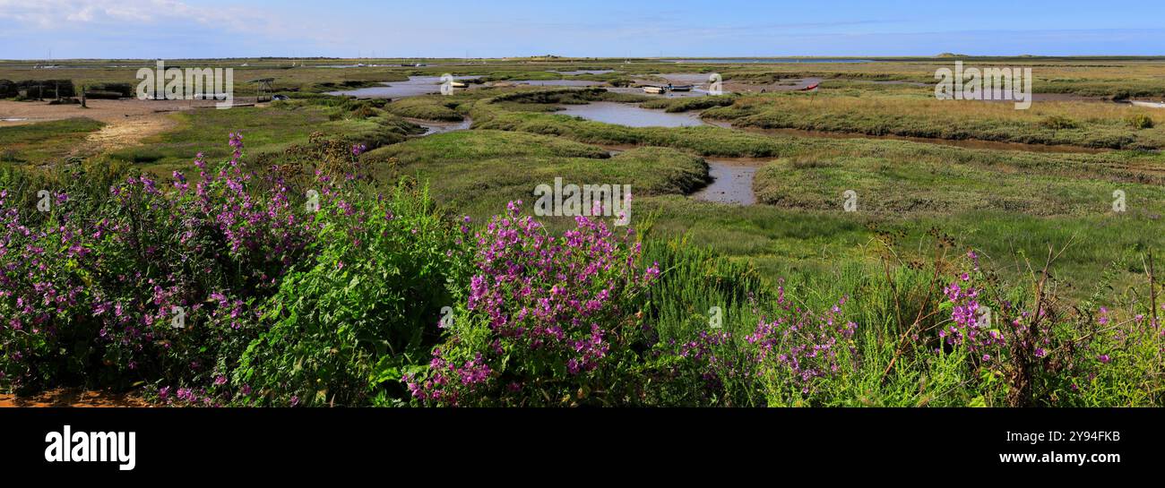 View over the Mow Creek and salt marshes, Brancaster Staithe village ...
