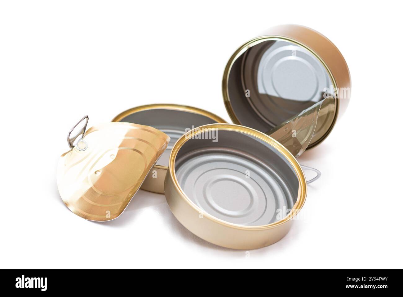Three Opened Empty Tin Cans with Broken Cover Isolated on White ...