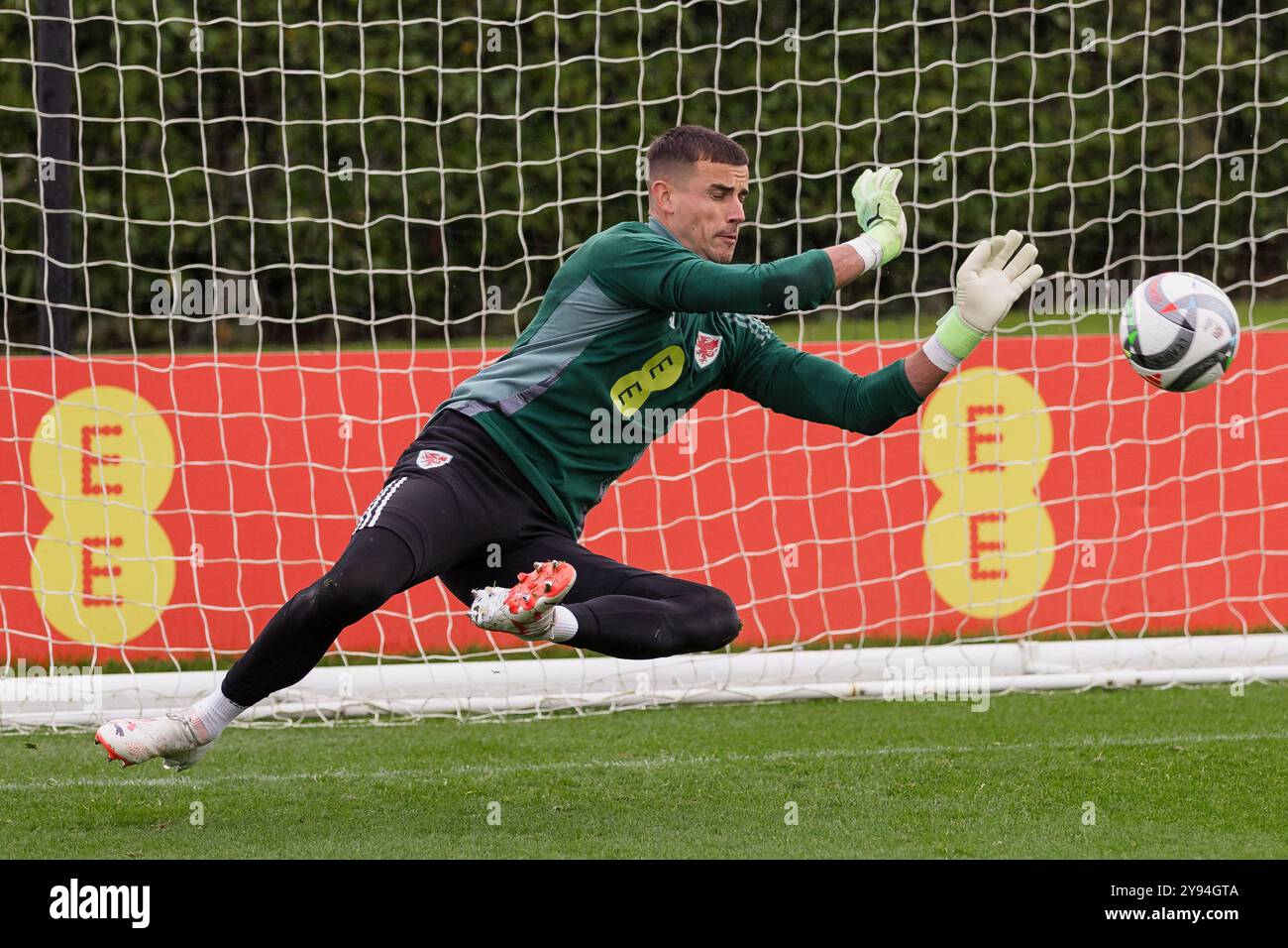 PONTYCLUN, UK. 08th Oct, 2024. Wales' goalkeeper Karl Darlow during a ...