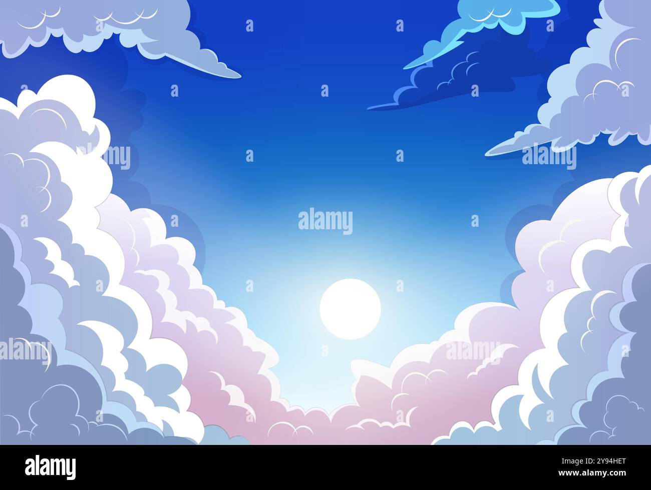 Anime style blue clear skies scene with sun shining and white fluffy ...