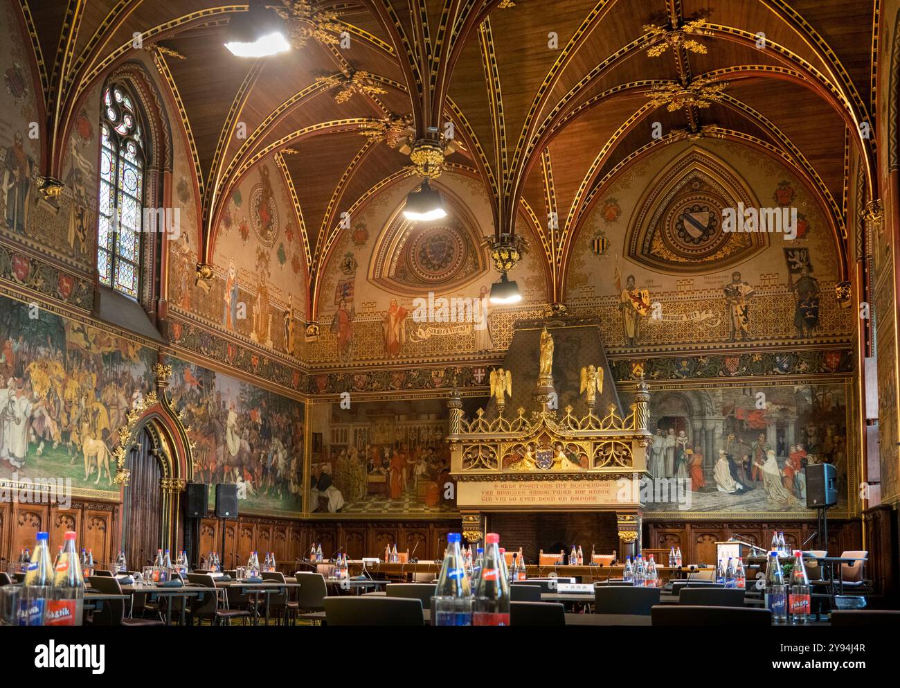 Belgium, Flanders, Bruges, Stadhuis City Hall, Gothic Hall interior ...