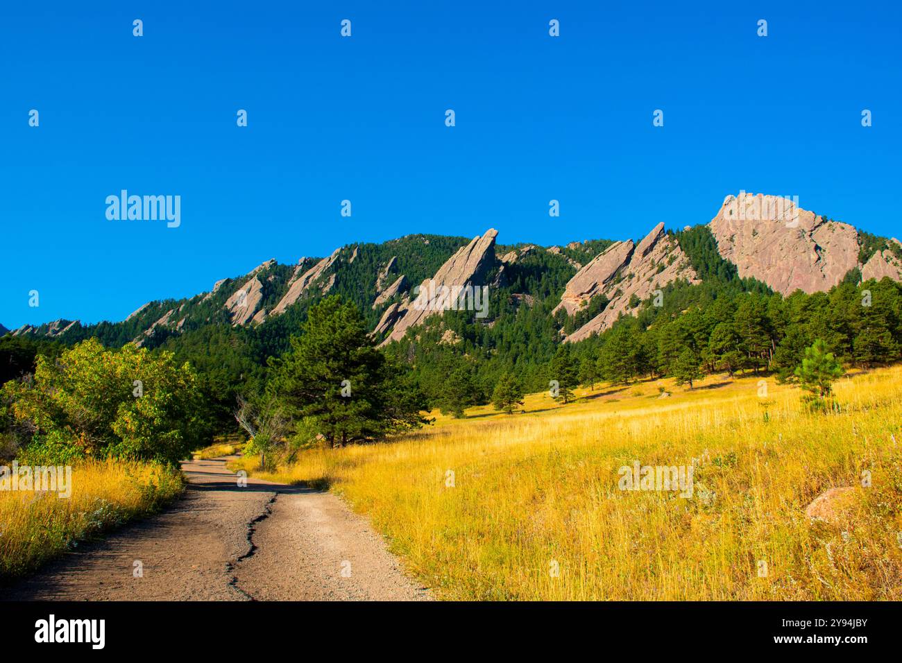 beautiful image of the Flatirons dark granite mountains from below with ...