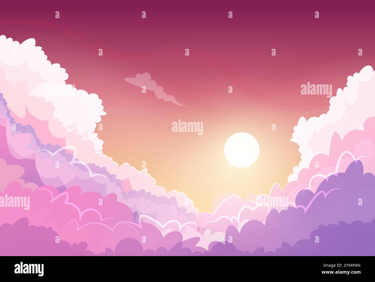 Anime style sunset cloudy skies scene with sun shining and purple ...