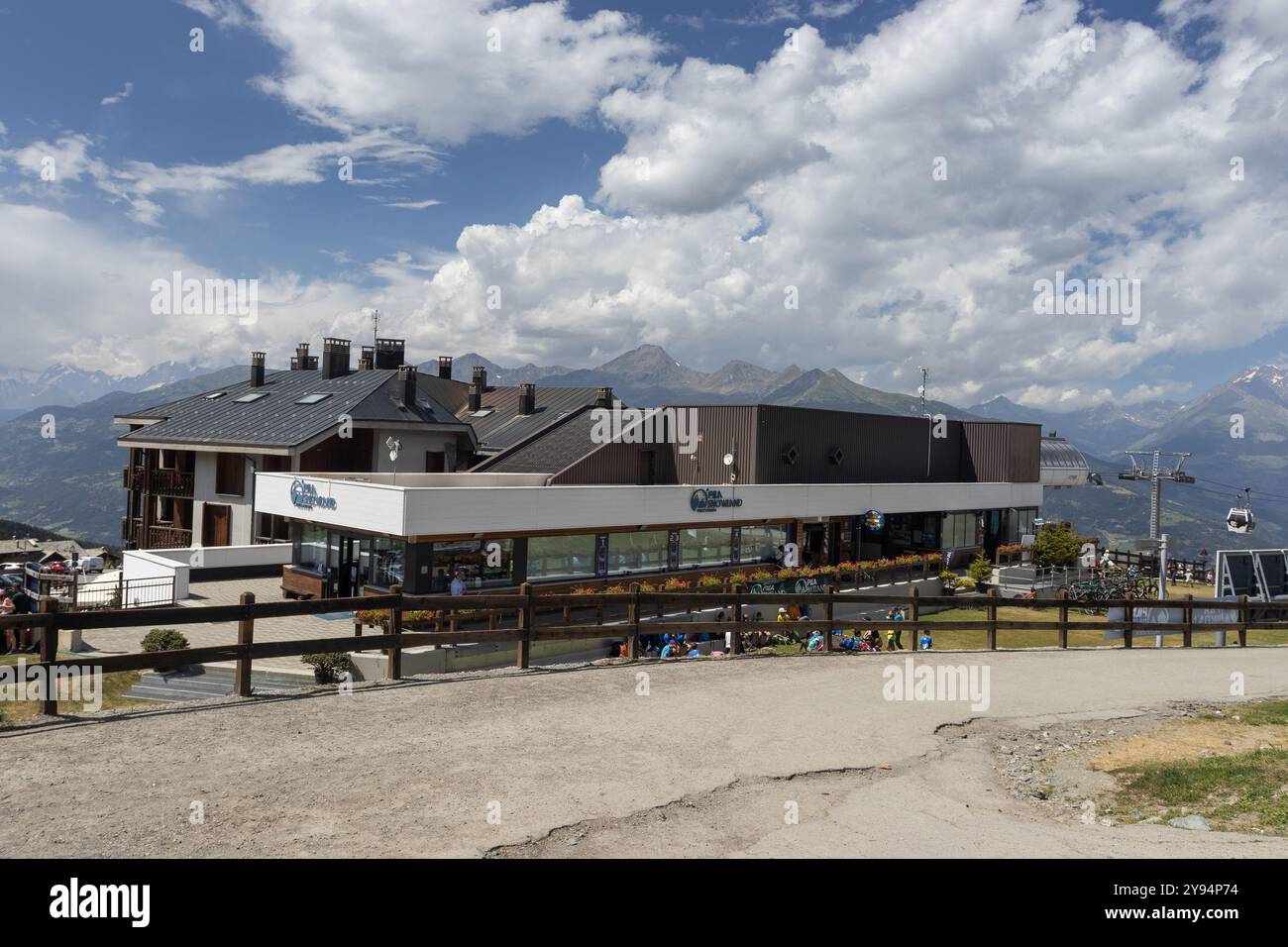 AOSTA, ITALY, 2 AUGUST 2024: The Aosta - Pila gondola lift end station ...