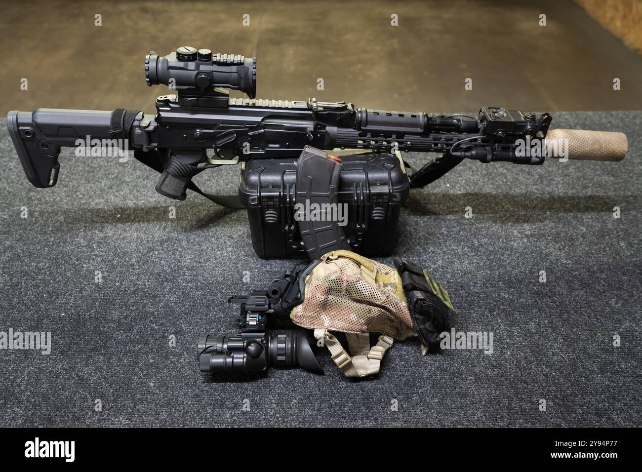 Tactical rifle shooting at indoors shooting range, AK series rifle with ...