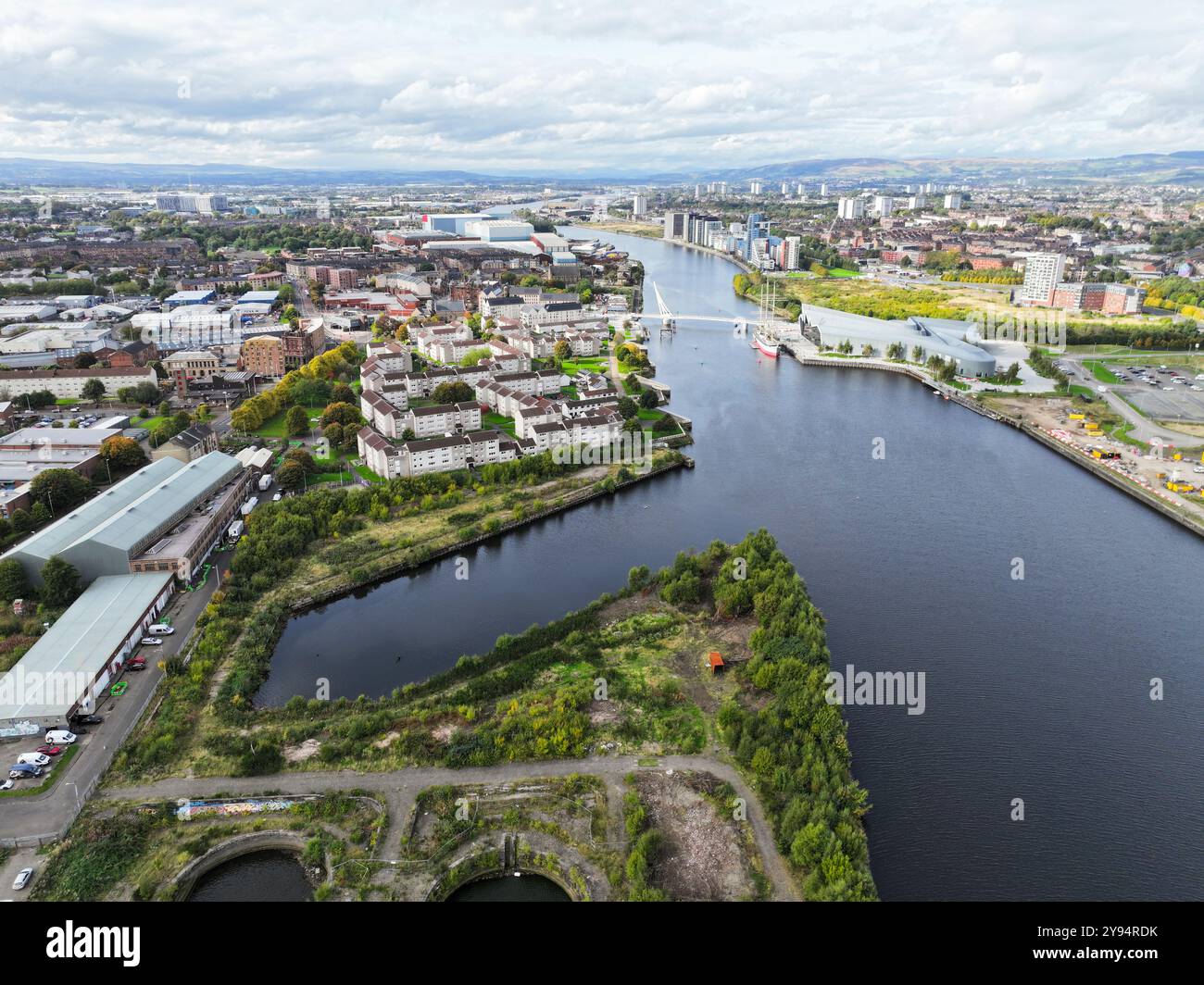 Aerial drone view of River Clyde looking West over Govan docks Stock ...