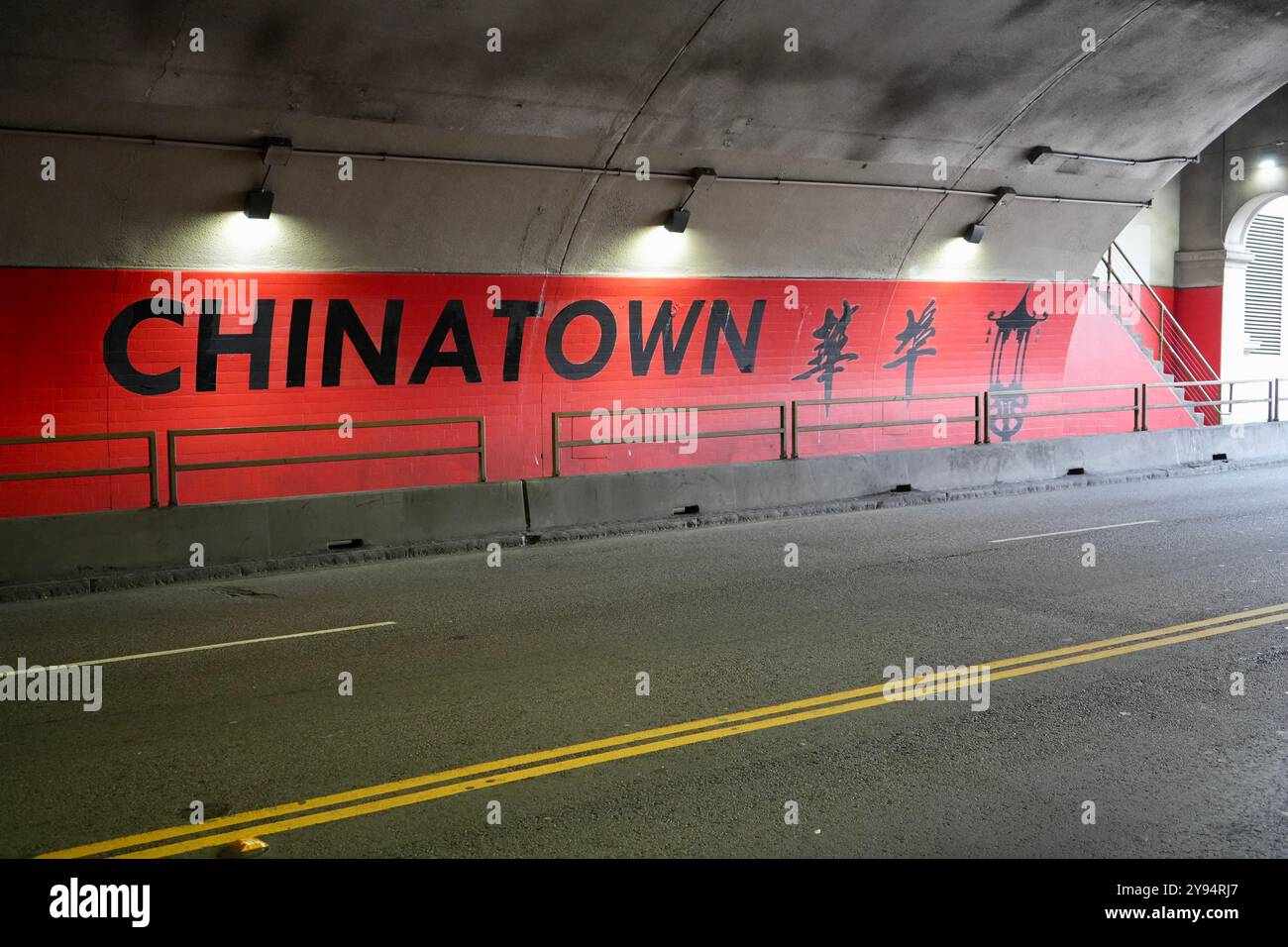 Large Chinatown sign on a red background in The Stockton Street Tunnel ...