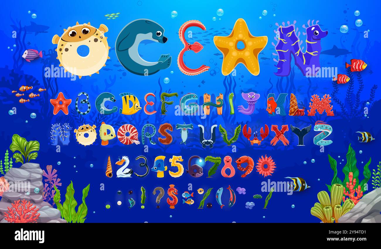 Sea animal font, underwater ocean type. Cartoon funny english alphabet ...