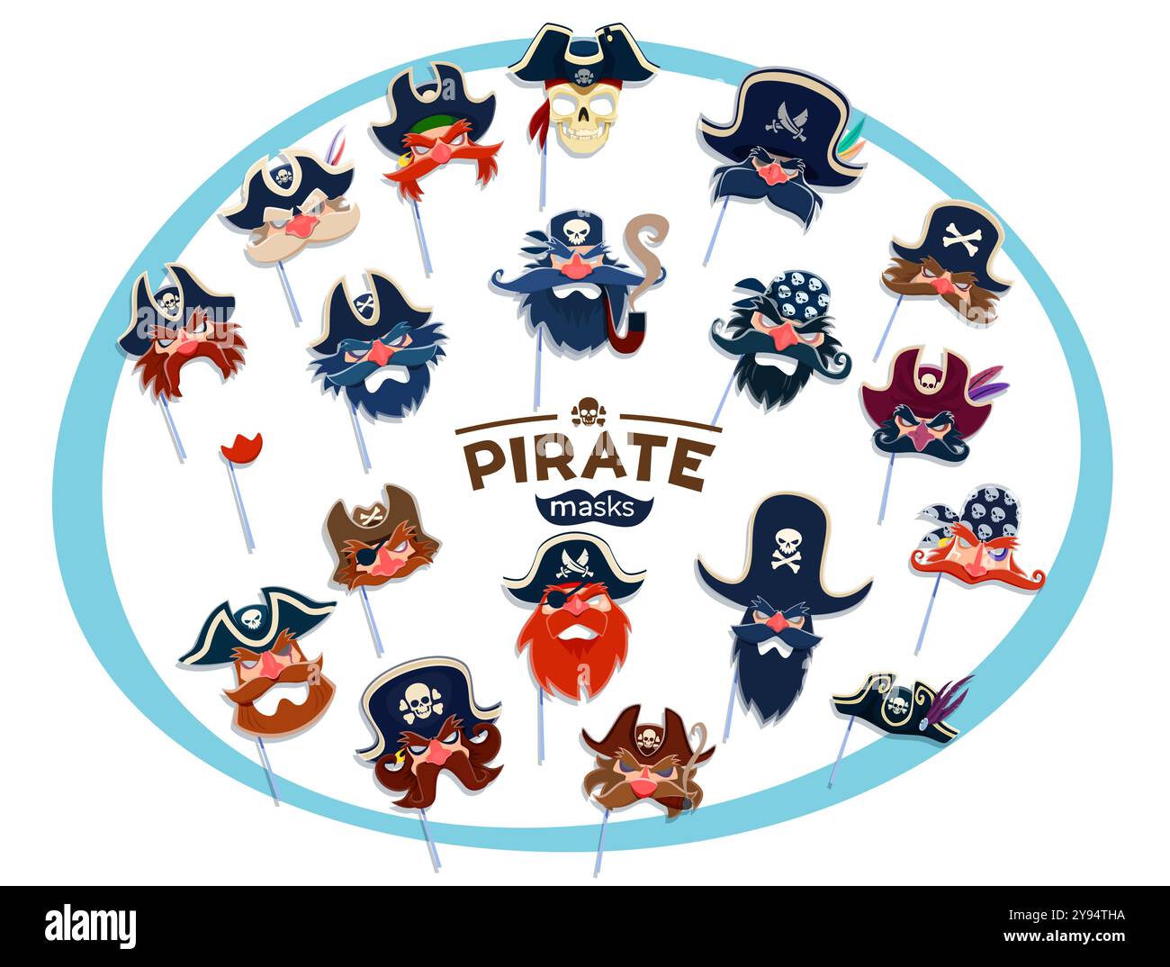 Pirate carnival and photo booth masks of corsair sailor in tricorne hats, vector props. Pirate ...