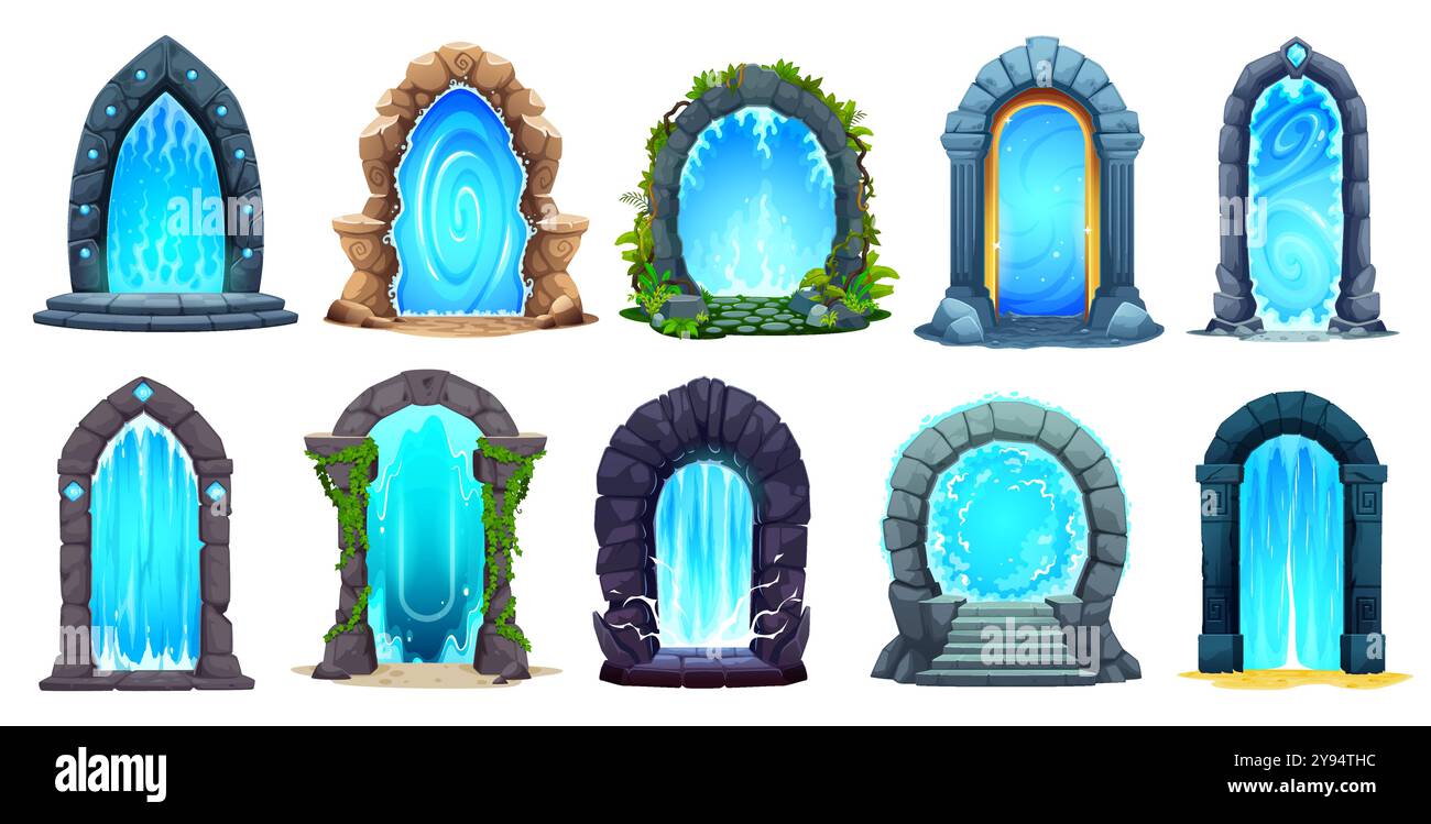 Fantasy game magic portal, cartoon fairytale doors set. Vector gates ...