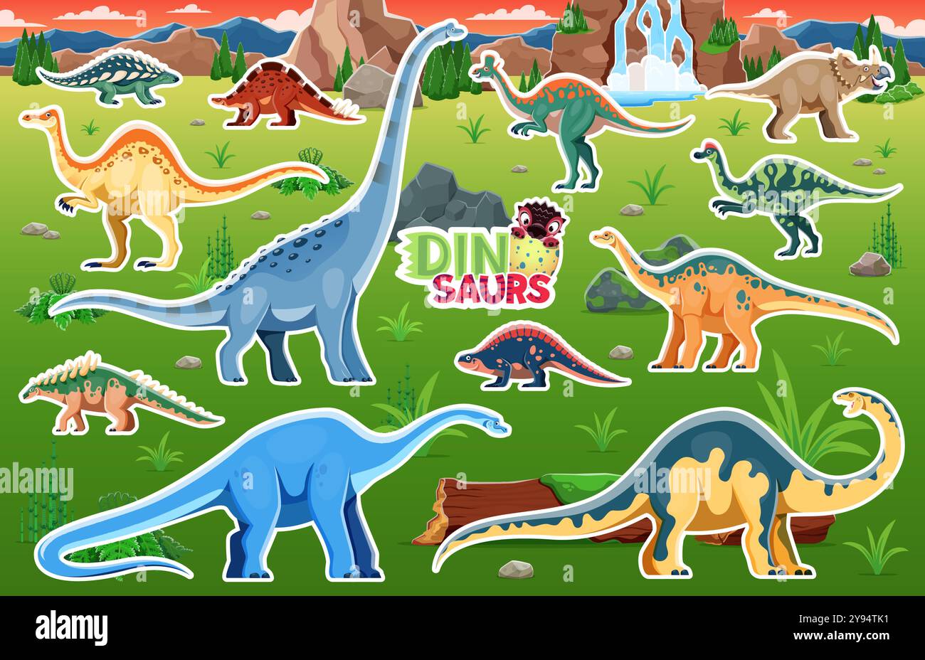 Dinosaur stickers, funny dino and Jurassic lizards in jungles park ...