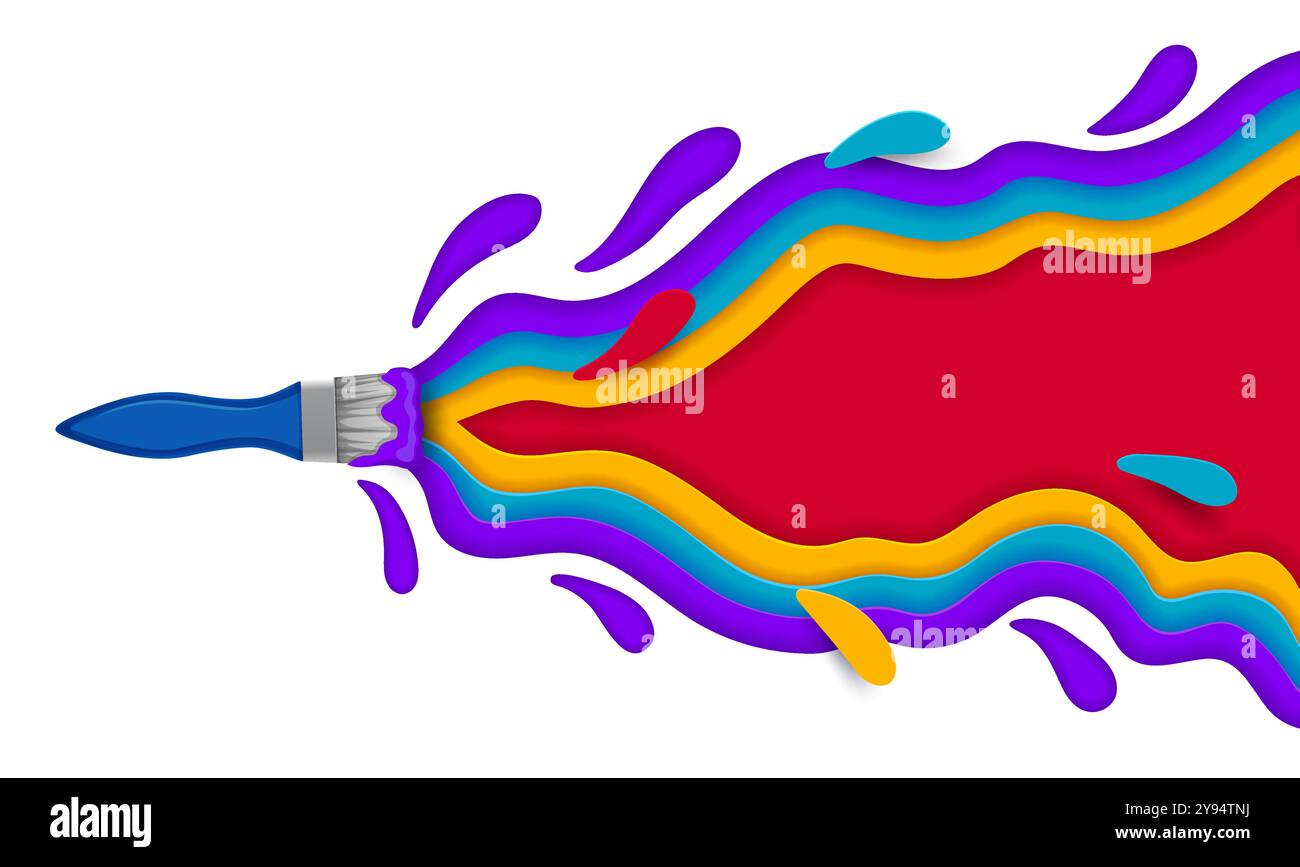 Paper cut brush with paint waves and splashes, vector background ...