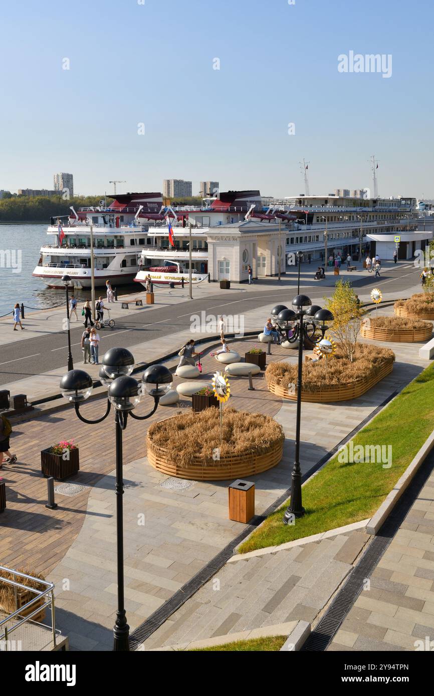 Moscow, Russia - Sept 7. 2024. Passenger ships at the Northern River ...