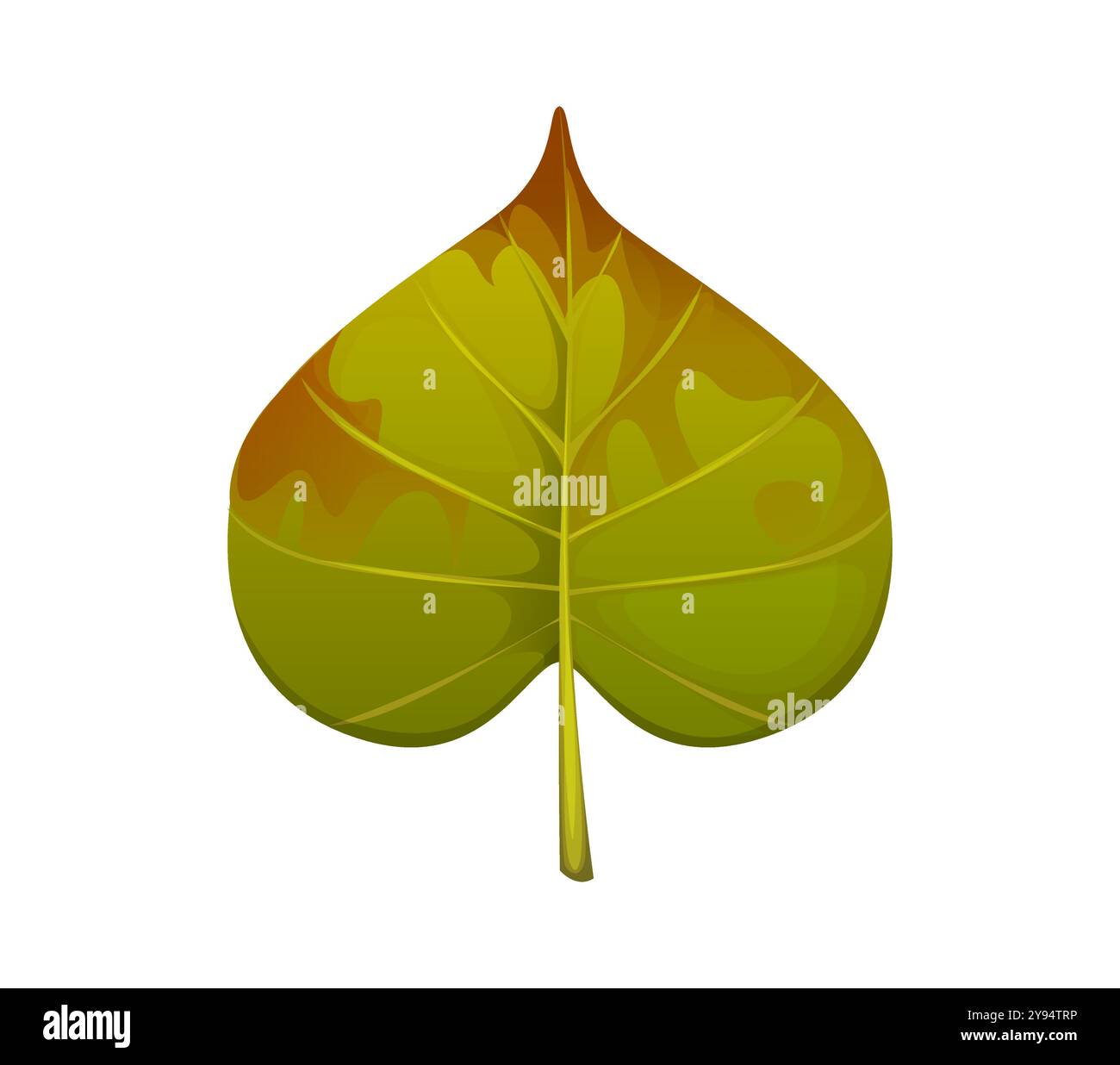 Cartoon green autumn leaf with brown spots, veins and stem. Isolated ...