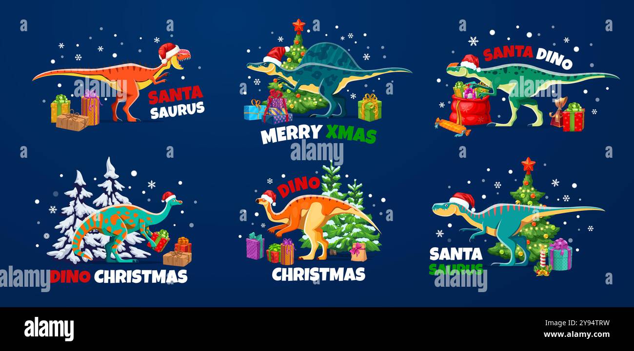 Christmas dinosaur greetings. Cartoon vector festive dino animals ...