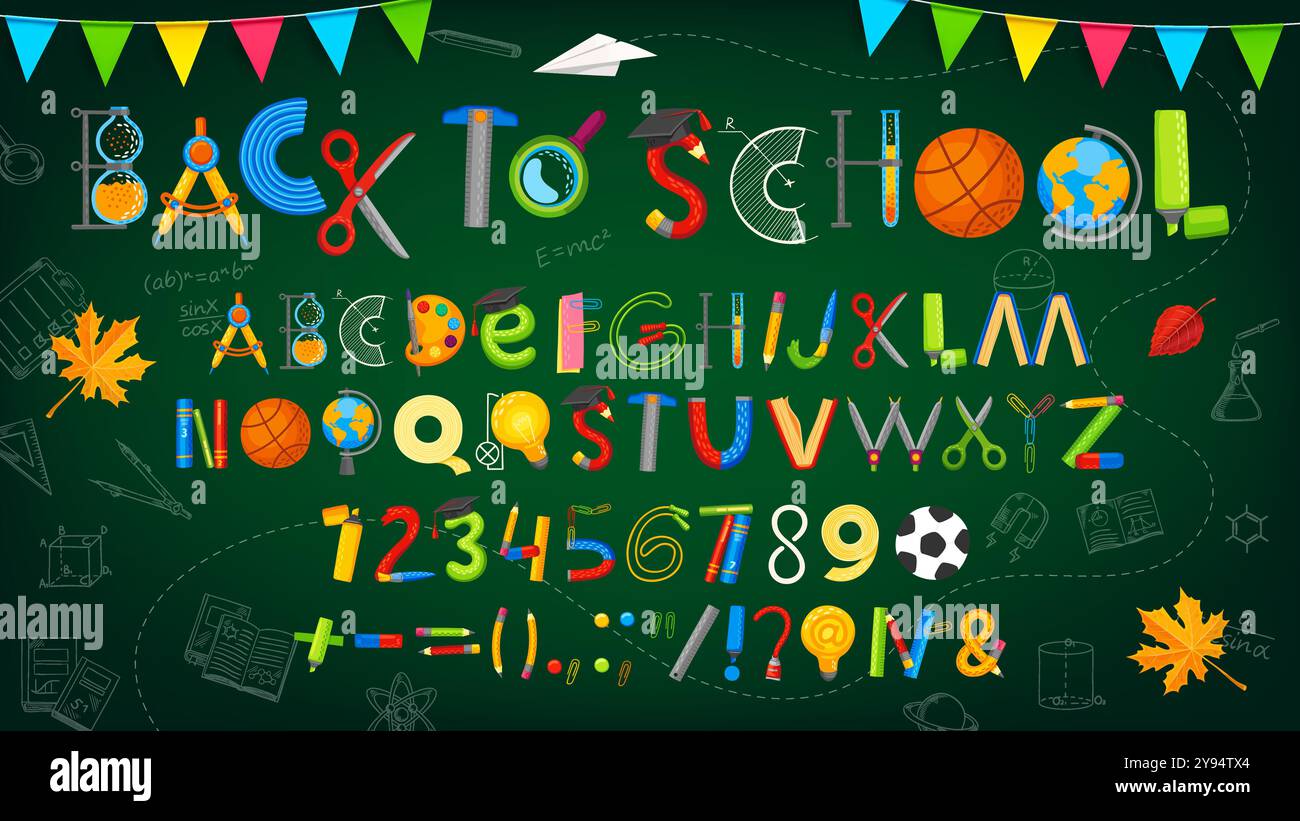 School stationery font, education supply type, cartoon student alphabet ...