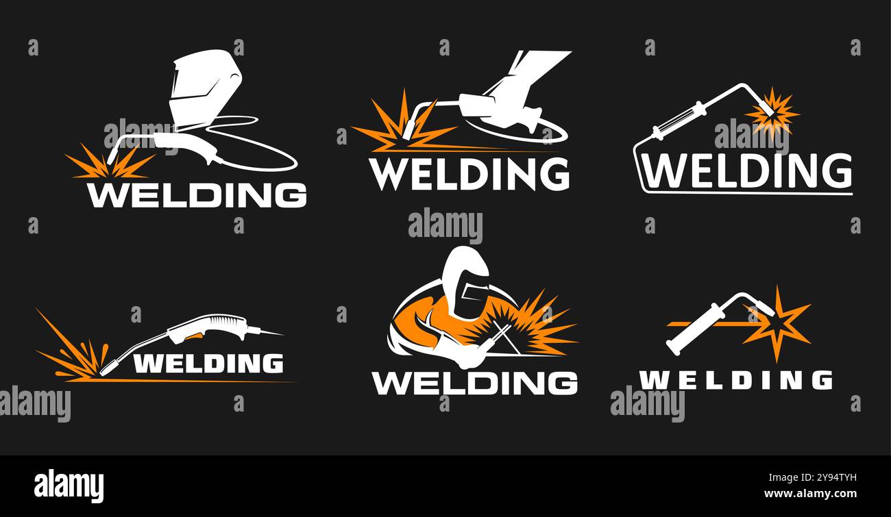 Weld icons, welder tools with sparks vector silhouettes. Welding ...