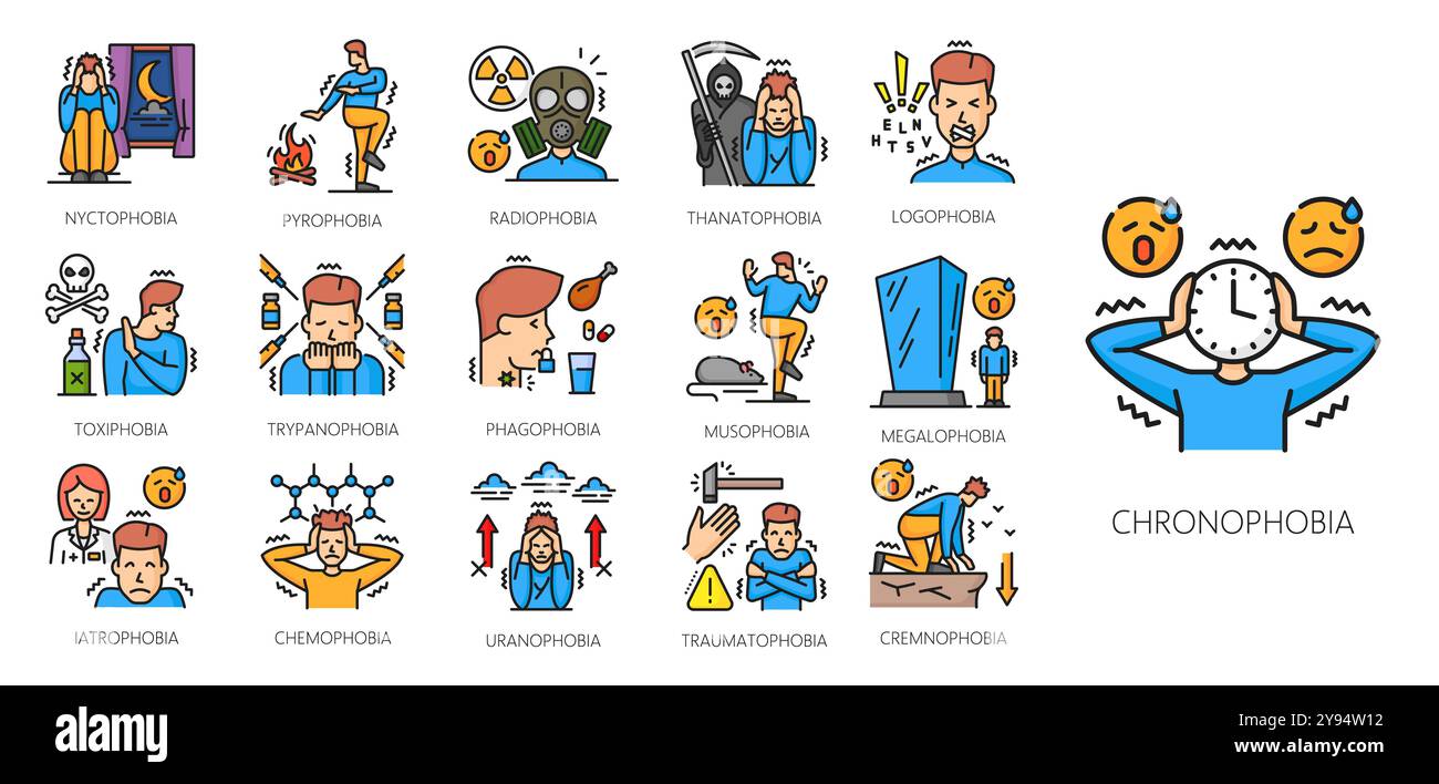 Psychology problems, human phobia color line icons, mental health and ...