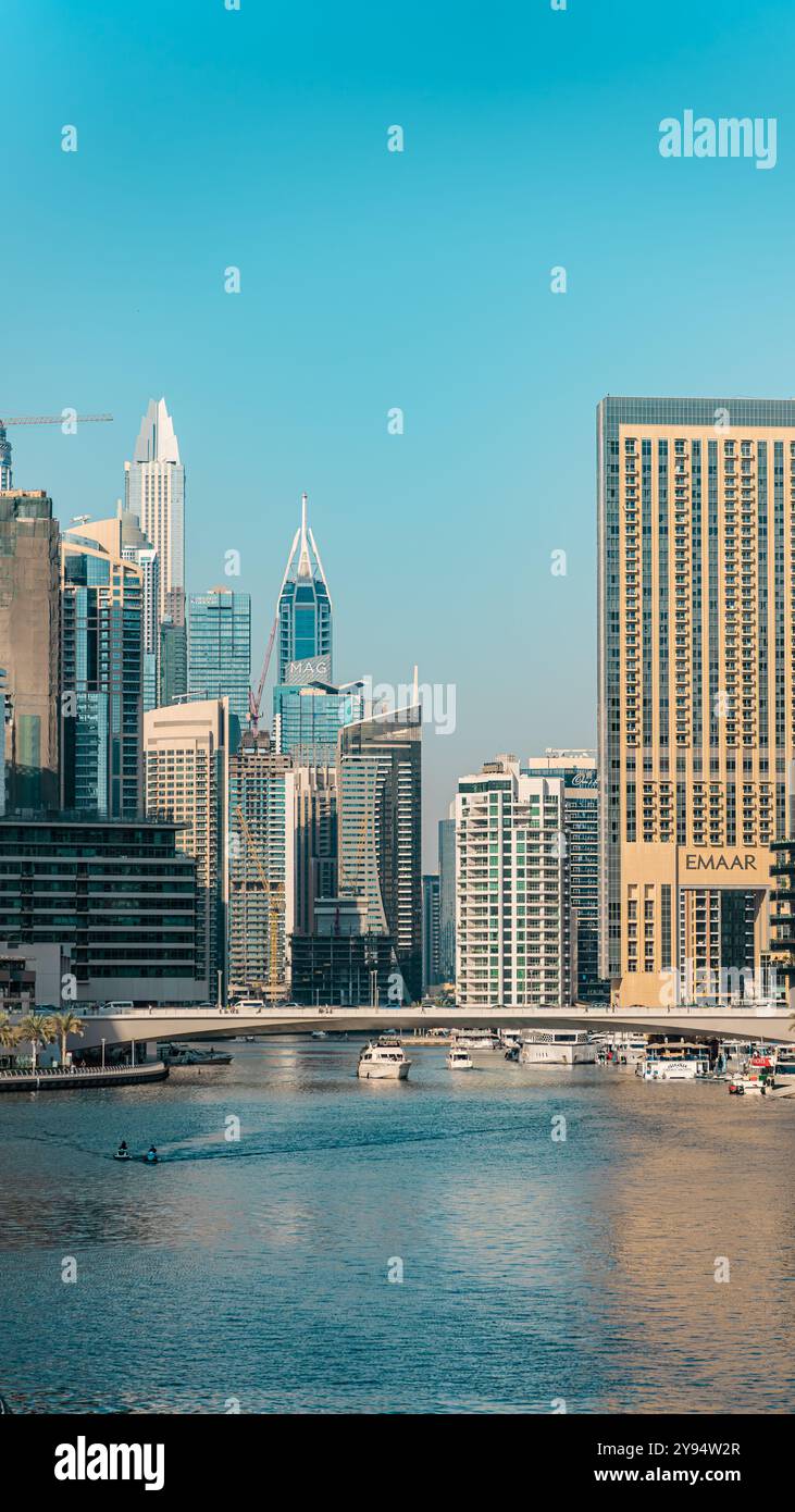 View of the Dubai skyline at daytime, warm earth colors in beautiful ...