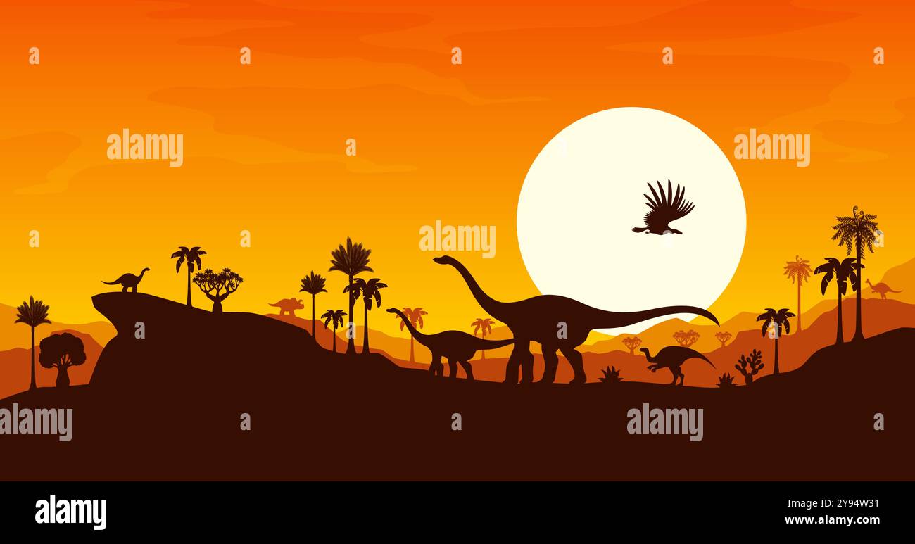 Prehistoric dinosaur silhouettes at sunset vector background. Jurassic ...