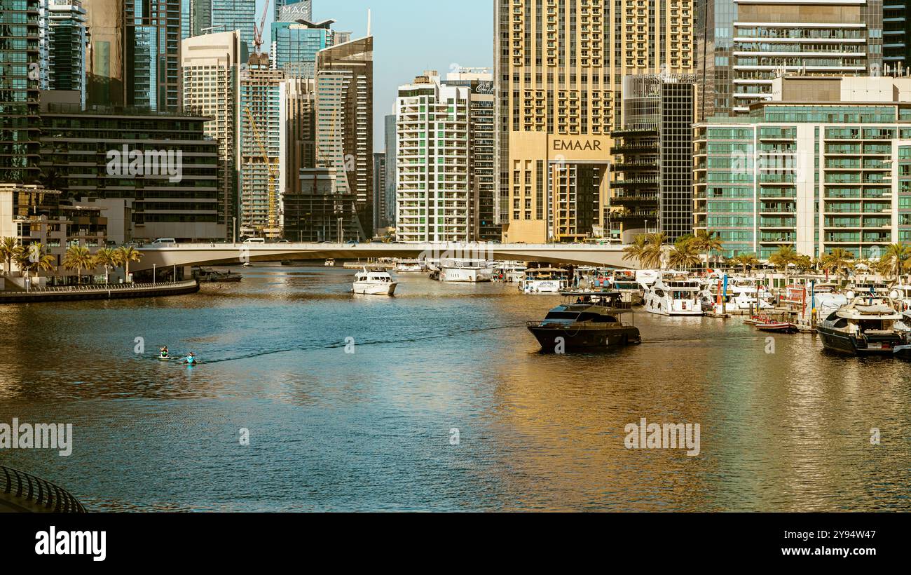 View of the Dubai skyline at daytime, warm earth colors in beautiful ...