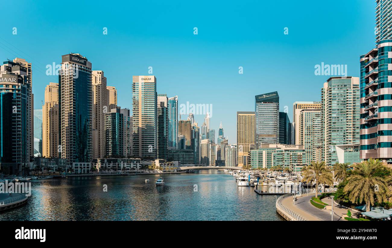 View of the Dubai skyline at daytime, warm earth colors in beautiful ...