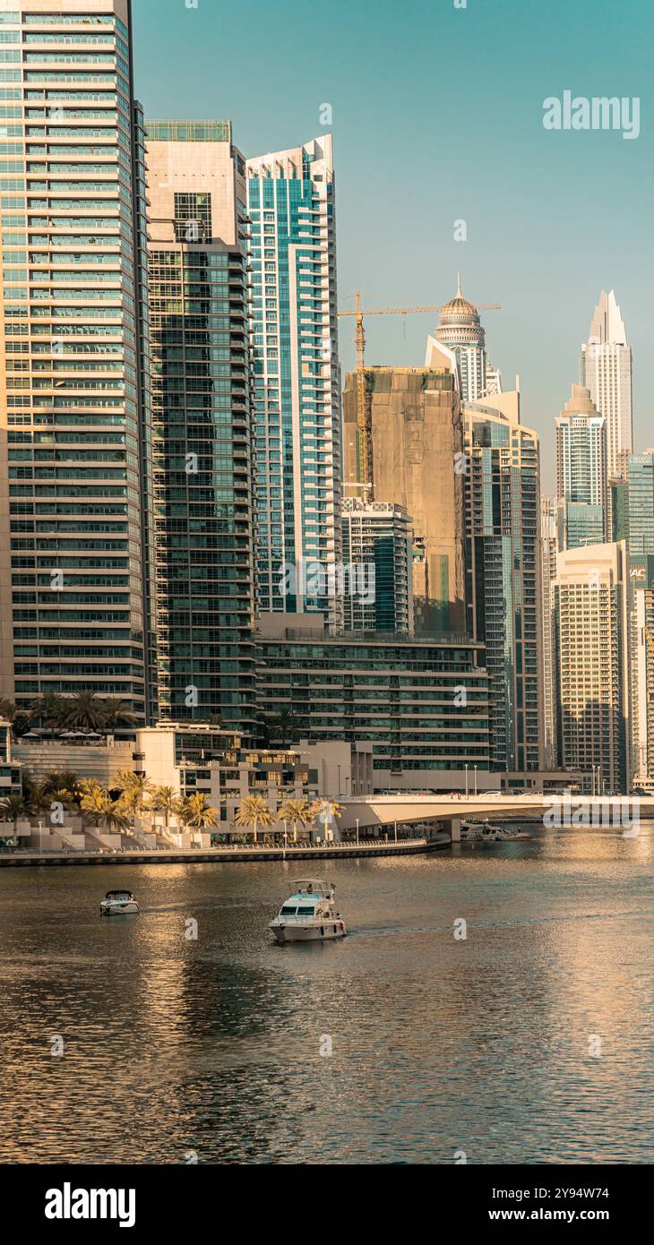 View of the Dubai skyline at daytime, warm earth colors in beautiful ...