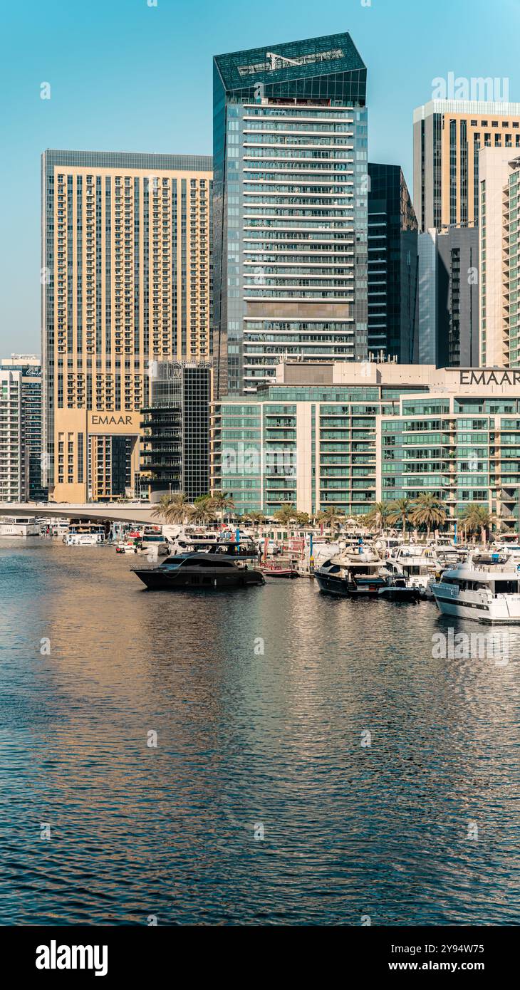 View of the Dubai skyline at daytime, warm earth colors in beautiful ...