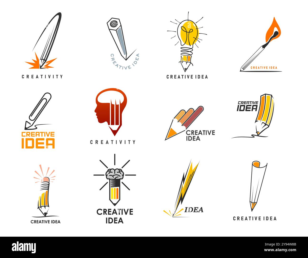 Creative idea icons of design and education. Vector pencil, light bulb ...