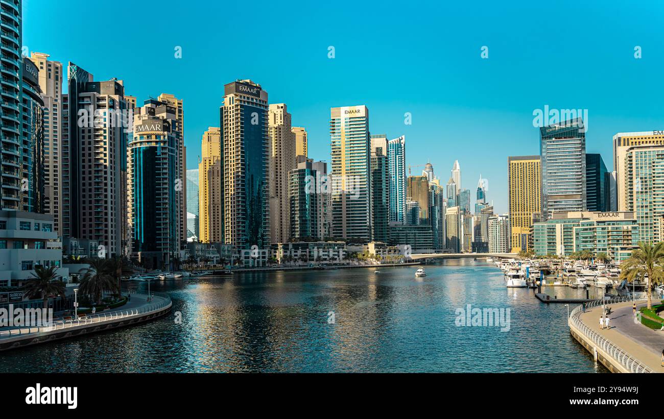 View of the Dubai skyline at daytime, warm earth colors in beautiful ...