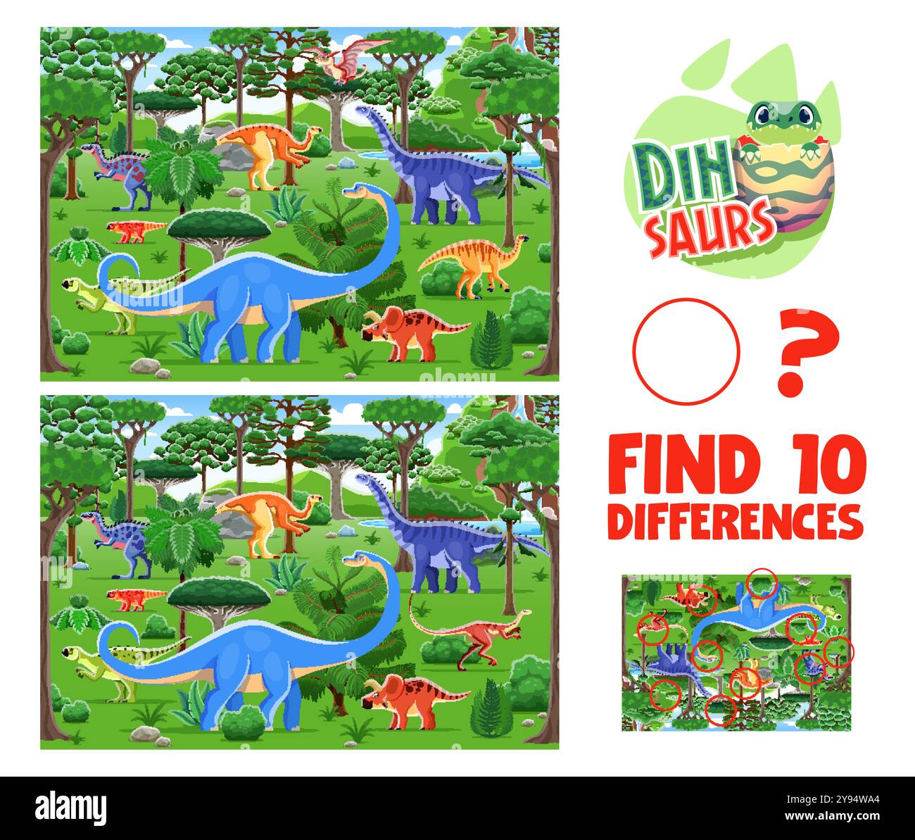 Find ten differences game. Prehistoric forest landscape with cartoon ...