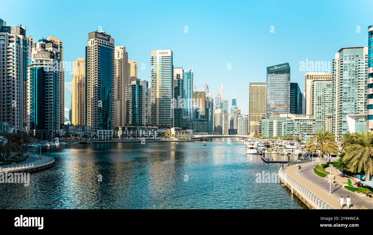 View of the Dubai skyline at daytime, warm earth colors in beautiful ...