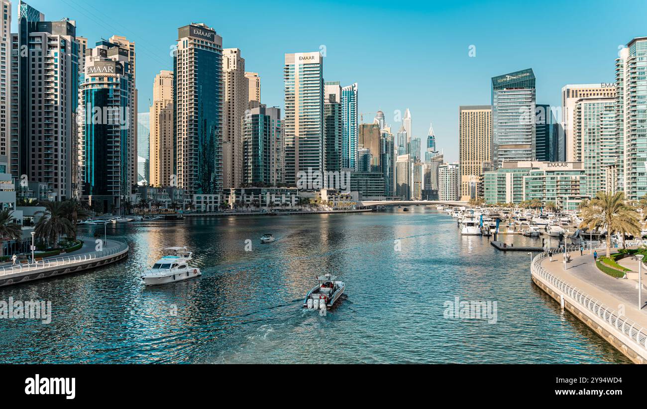 View of the Dubai skyline at daytime, warm earth colors in beautiful ...