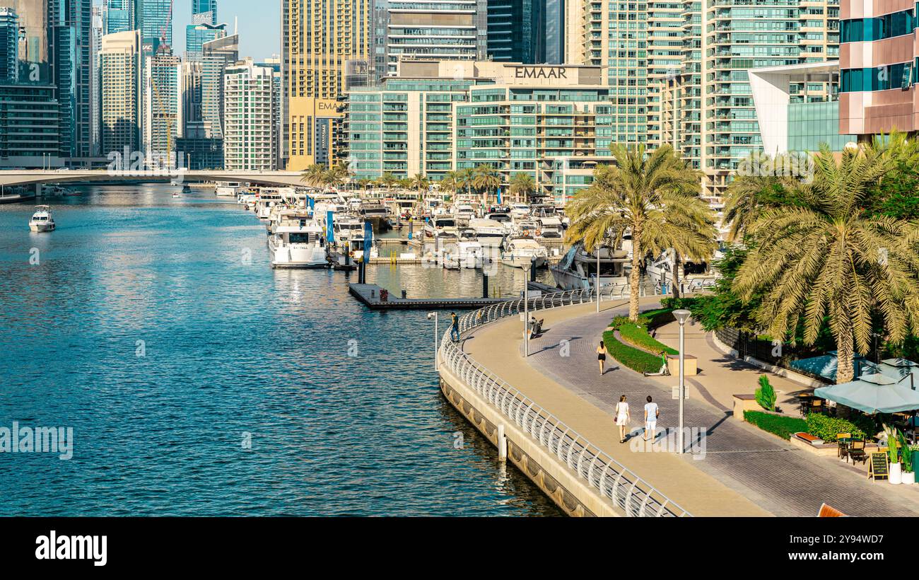 View of the Dubai skyline at daytime, warm earth colors in beautiful ...