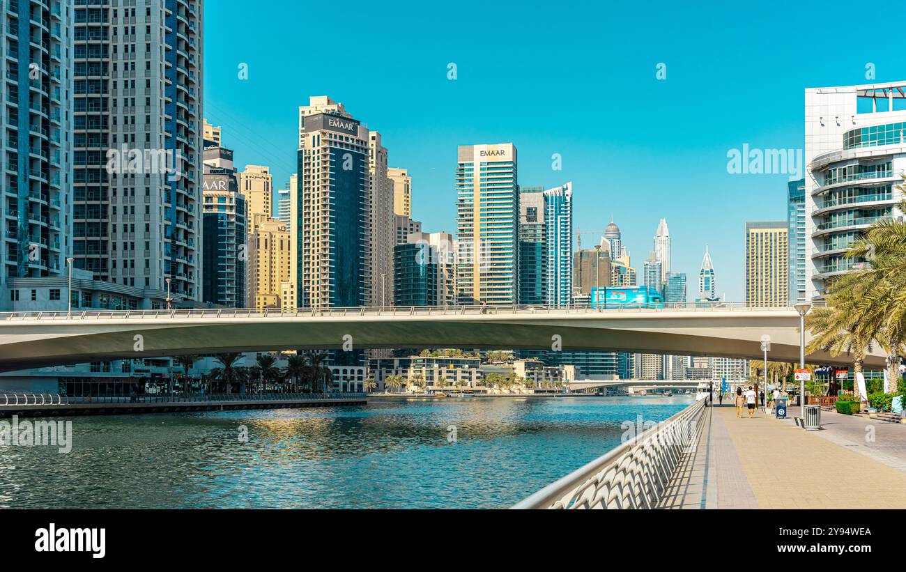 View of the Dubai skyline at daytime, warm earth colors in beautiful ...