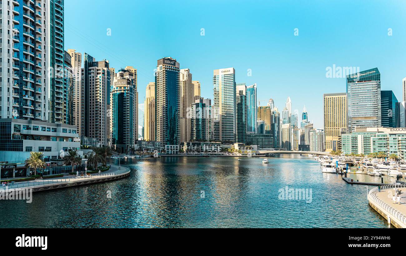 View of the Dubai skyline at daytime, warm earth colors in beautiful ...